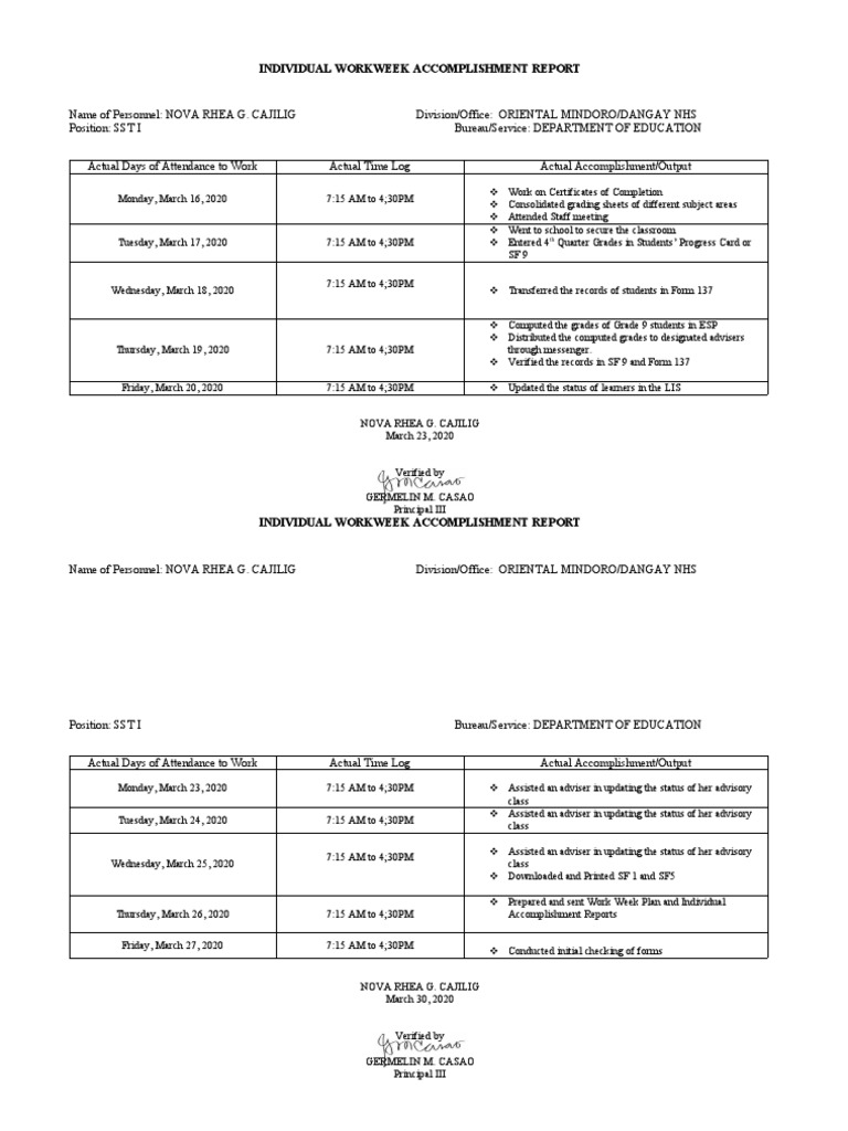 Individual Workweek Accomplishment Report | PDF | Behavior Modification ...