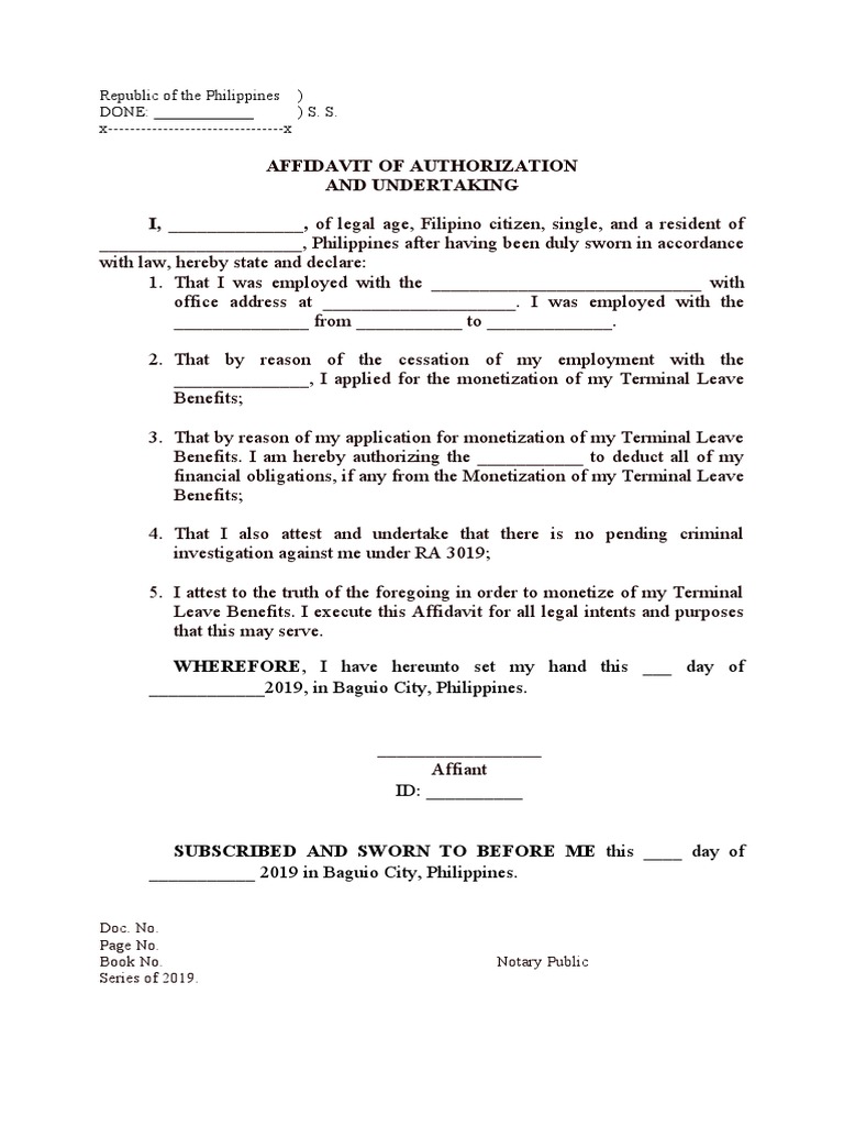 Authorization and Undertaking (Sample) | PDF