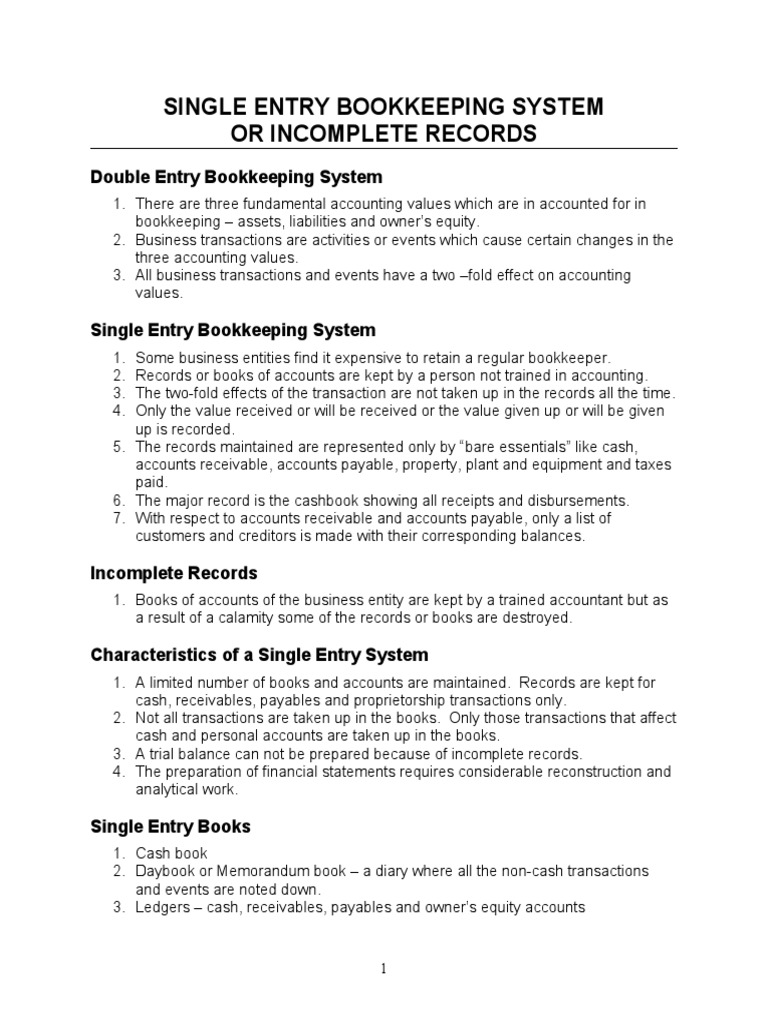Single Entry Bookkeeping Basics Pdf Bookkeeping Equity Finance
