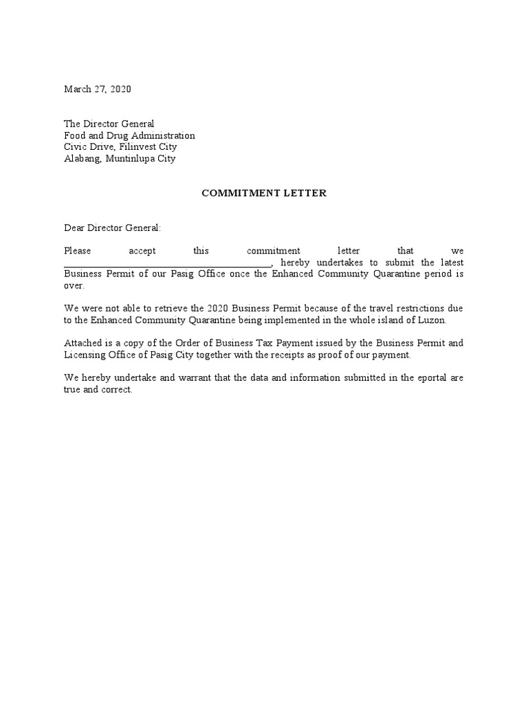 FDA Commitment Letter For Business Permit Sample | PDF