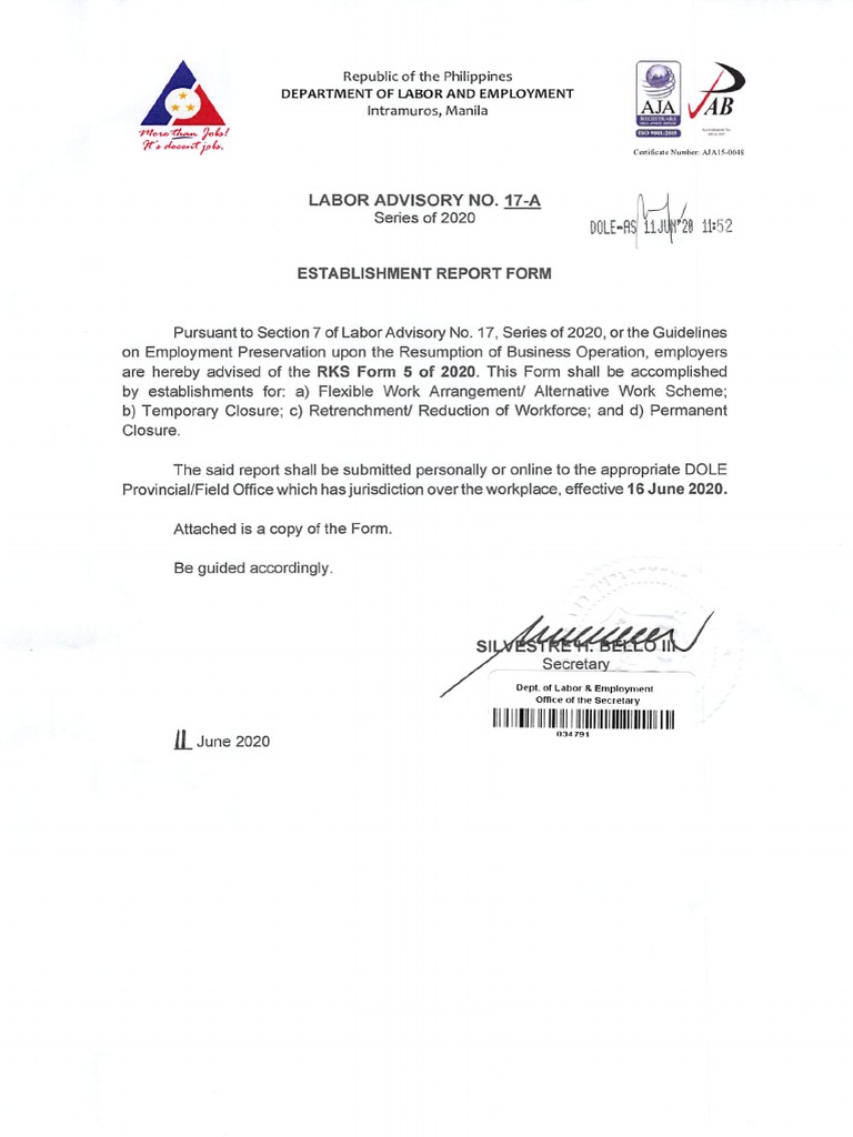 Labor Advisory No. 17 A Establishment Report | PDF