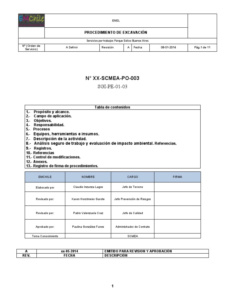 Procedimiento de Excavaciones. Emchile | PDF | Calidad (comercial ...
