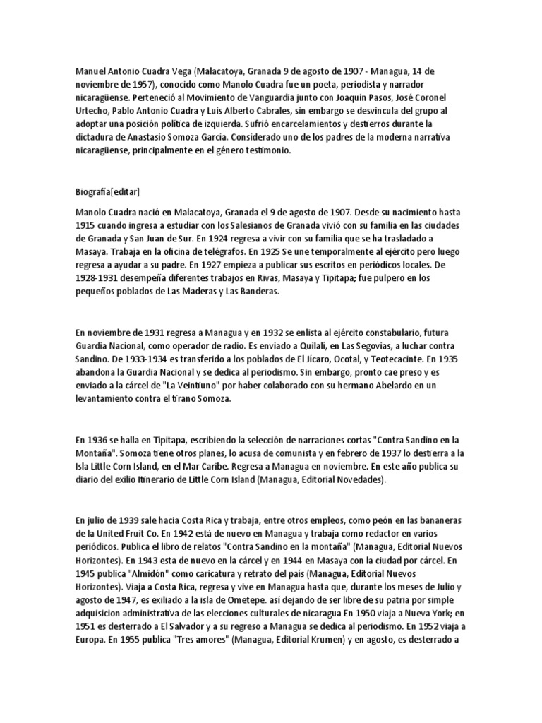 Biografía de Manolo Cuadra, poeta nicaragüense | PDF | Nicaragua ...