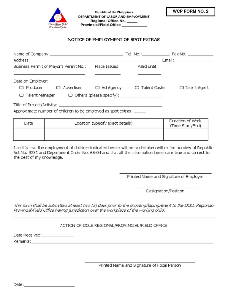 WCP Form No. 2: Department of Labor and Employment Regional Office No ...