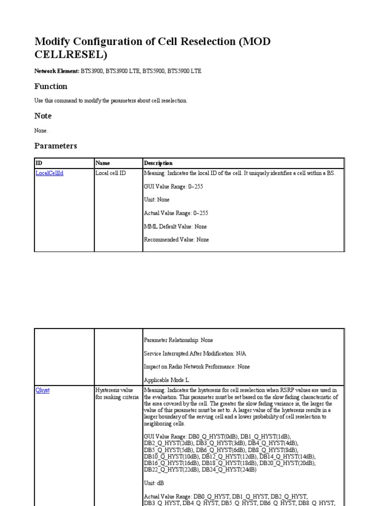 Modify Configuration of Cell Reselection (MOD Cellresel) : Function | PDF | Wireless | Radio