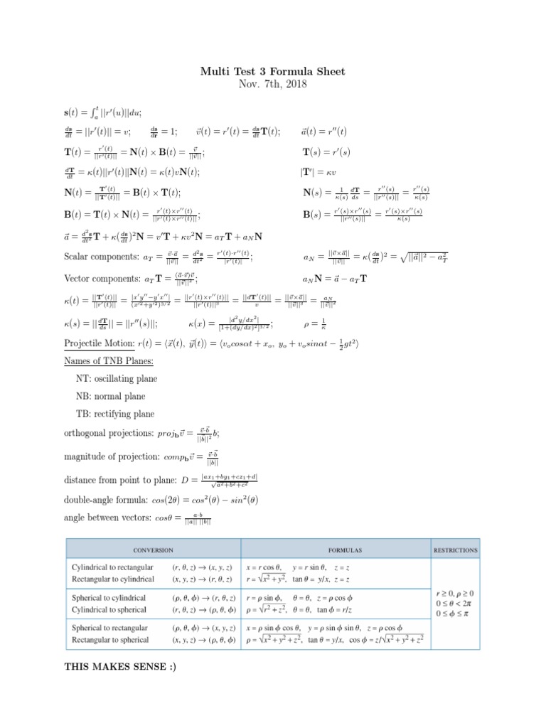 Multi Test 3 Formula Sheet Nov. 7th, 2018 | PDF | Differential Topology ...