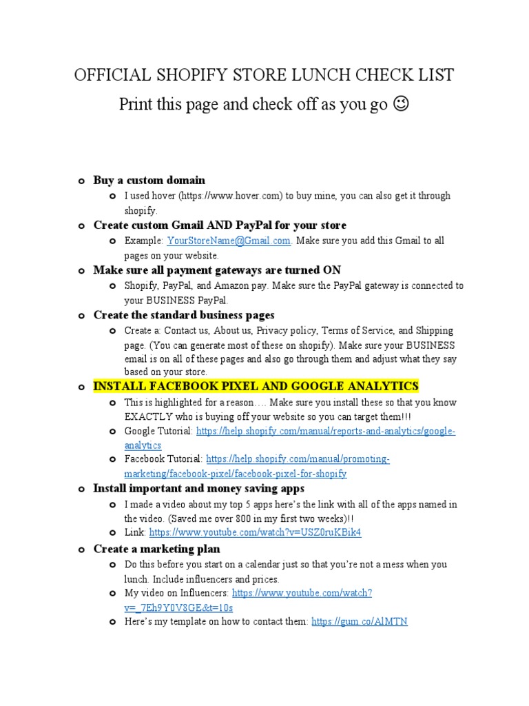 Official Shopify Store Lunch Check List Print This Page and Check Off ...