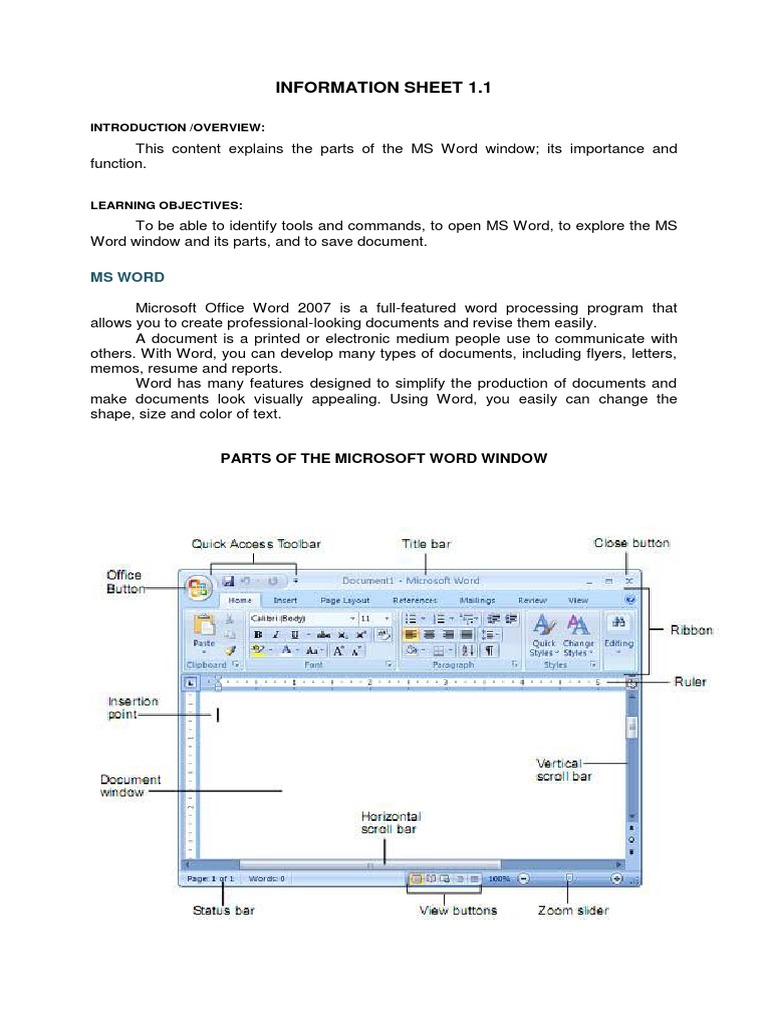 Information Sheet 1.1: Ms Word | PDF | Microsoft Word | Graphical User Interfaces