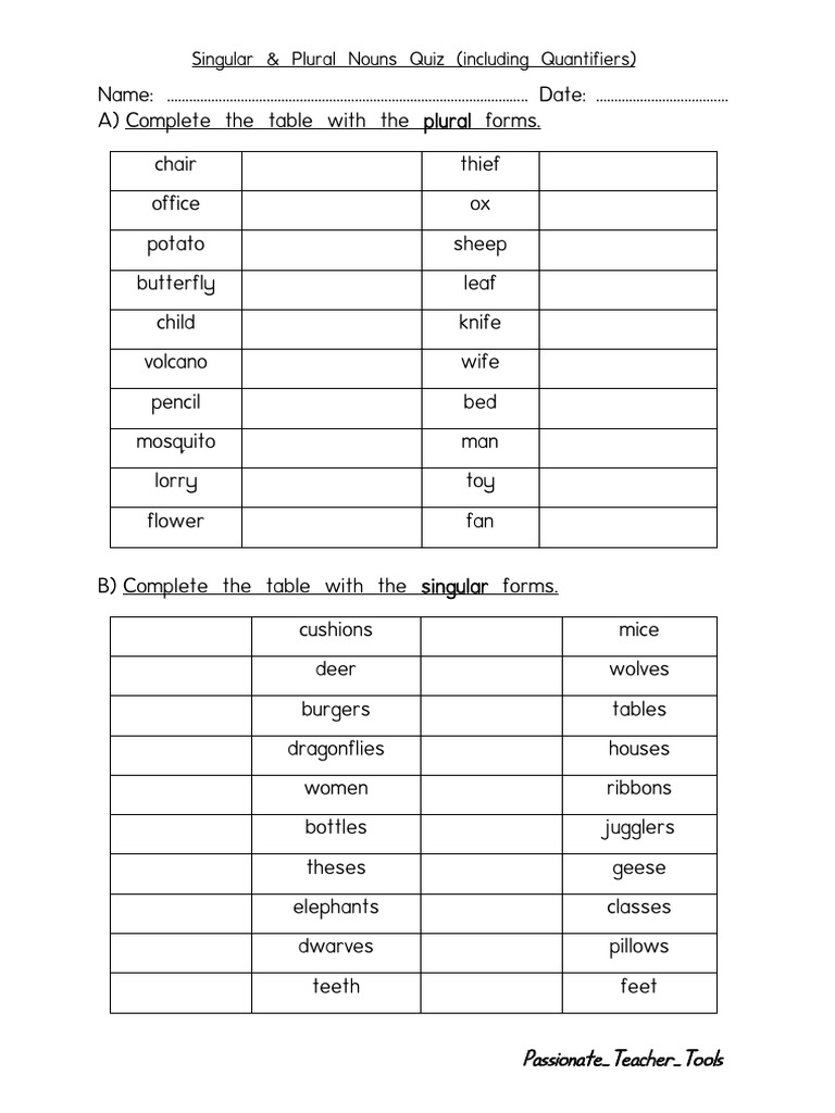Singular and Plural Nouns Quiz | PDF | Plural