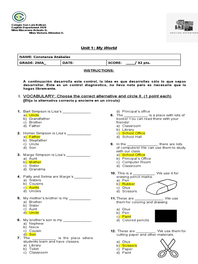 Unit 1: My World NAME: Constanza Atabales Grade: 2ma - Date: SCORE ...