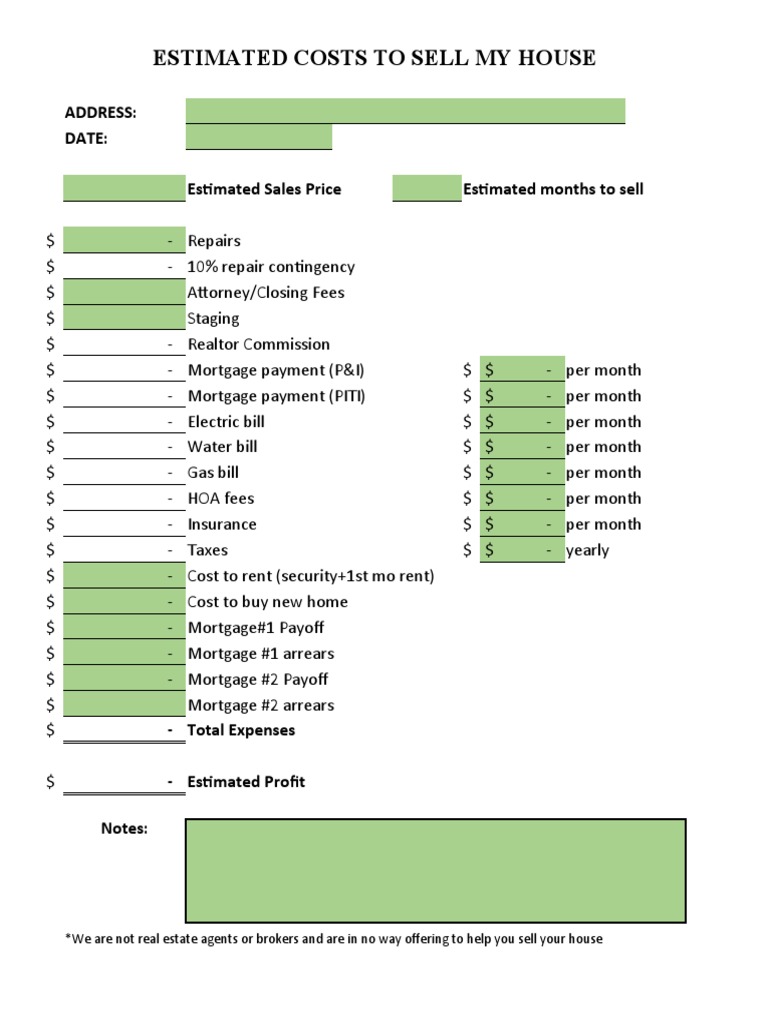 Cost To Sell Worksheet | PDF