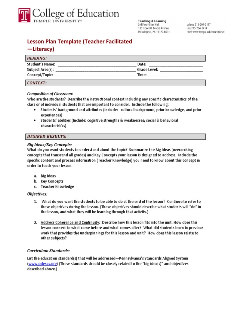 Lesson Plan Template TCHR Facil Lit | PDF | Lesson Plan | Educational ...