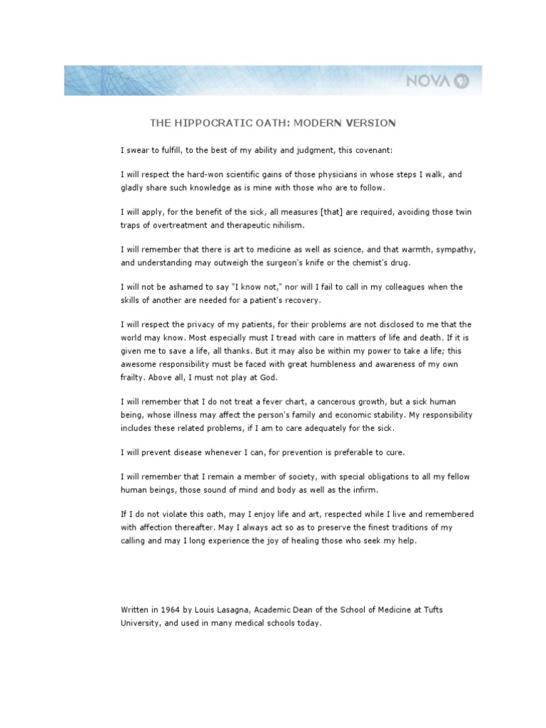 The Hippocratic Oath | PDF | Health Sciences | Health Care