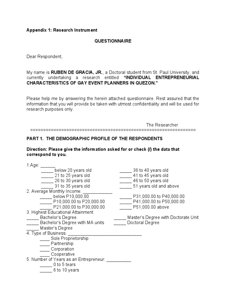 Appendix 1: Research Instrument Questionnaire | PDF | Entrepreneurship ...
