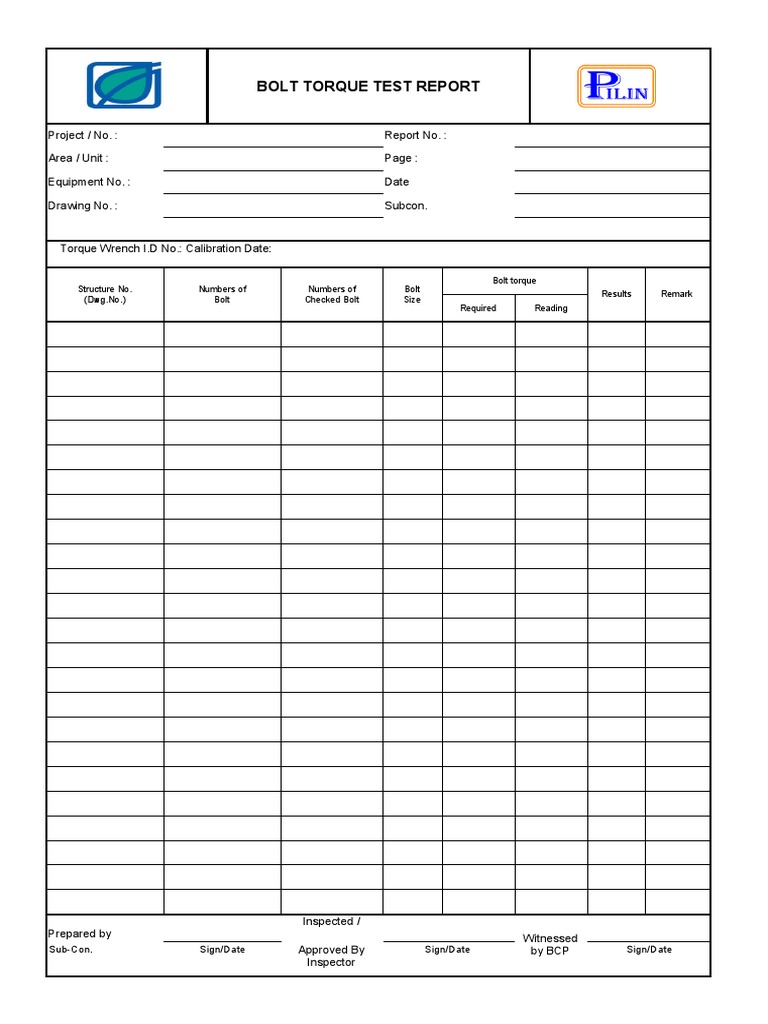 Bolt Torque Test Report: Project / No.: Report No.: Area / Unit ...