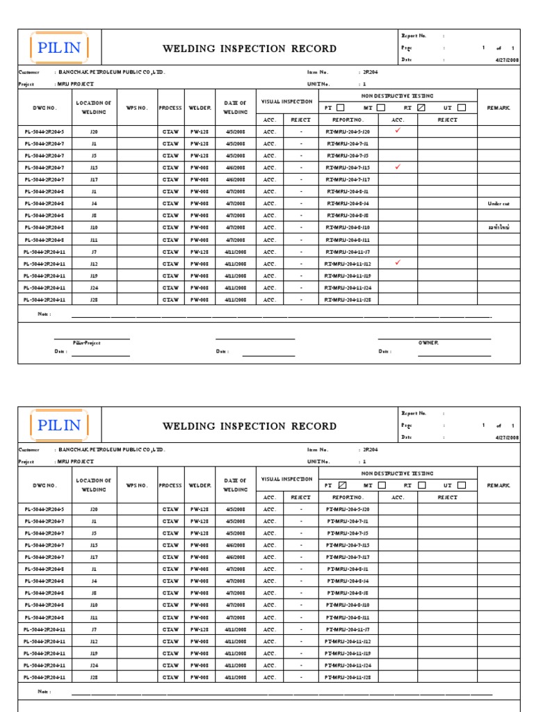 Welding Inspection Record | PDF | Chemical Industry | Chemical Engineering