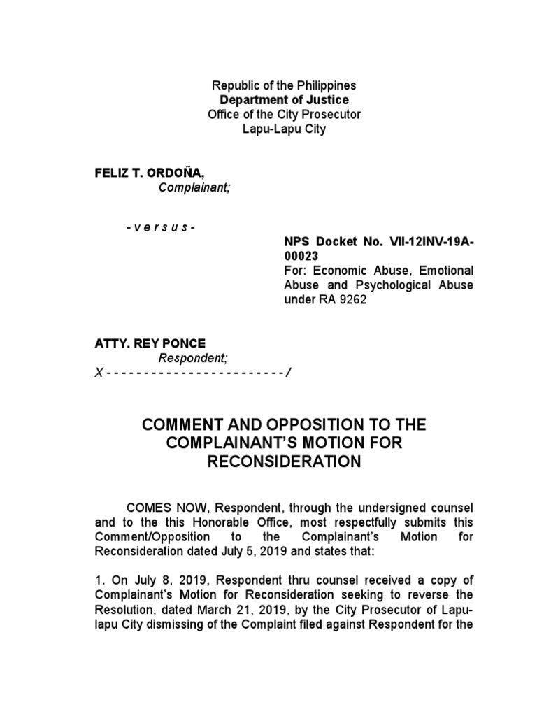 Comment and Opposition To The Complainant'S Motion For Reconsideration | PDF | Justice | Crime ...