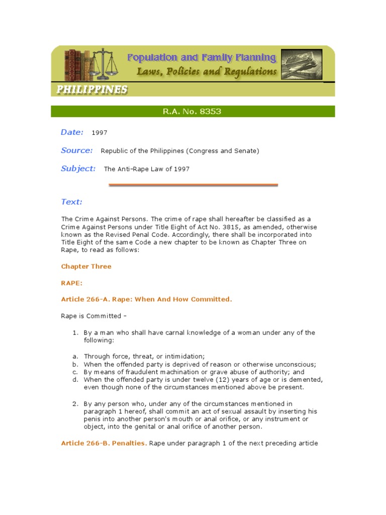 Ra 8353 | PDF | Rape | Crime & Violence