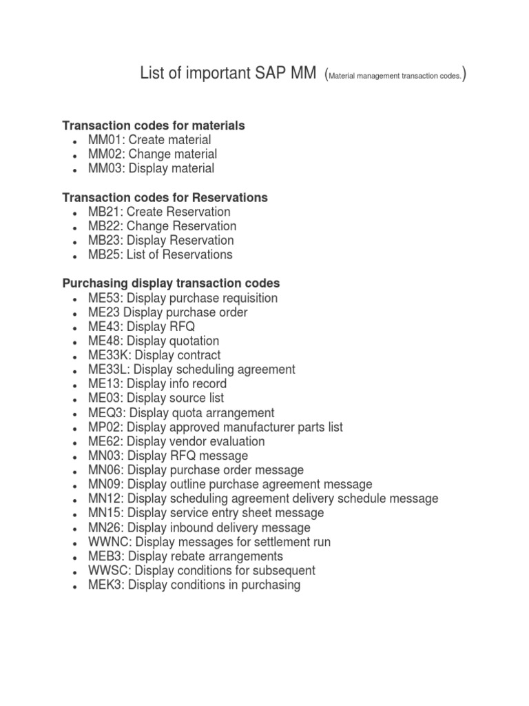 List of Important SAP MM) : Transaction Codes For Materials | PDF