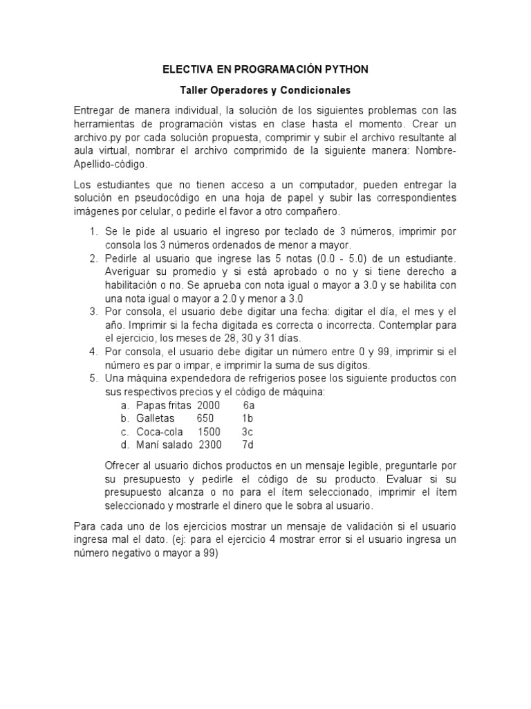 Taller Operadores y Condicionales Python | PDF