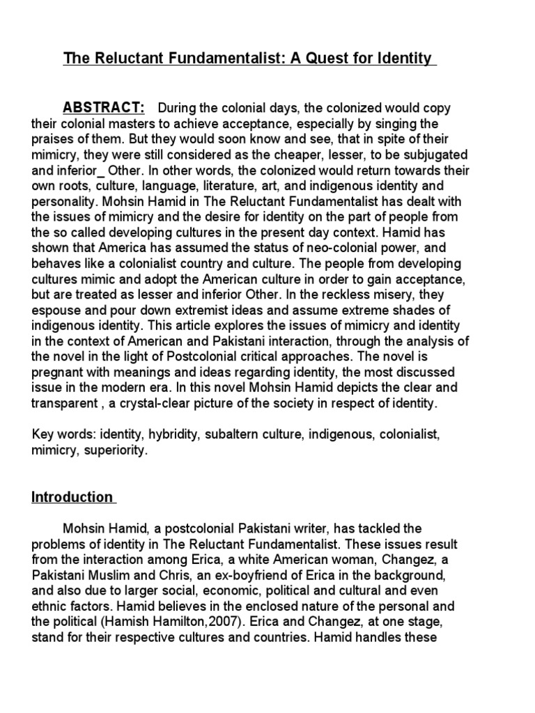 The Reluctant Fundamentalist: A Quest For Identity: Abstract | PDF ...