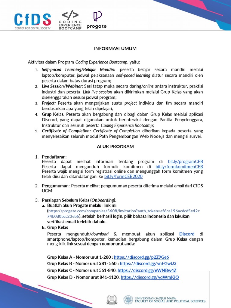 Pedoman Peserta & Silabus - Coding Experience Bootcamp UGM X Progate | PDF