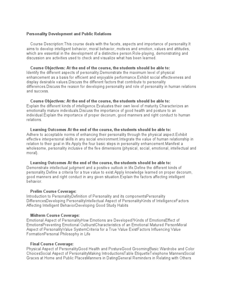 Personality Development and Public Relations Course OUtcomes | PDF ...