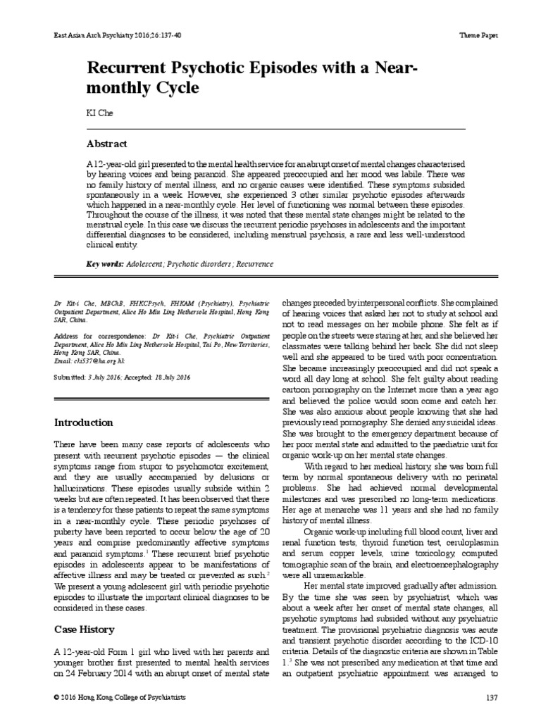 Recurrent Psychotic Episodes With A Near - Monthly Cycle | PDF ...