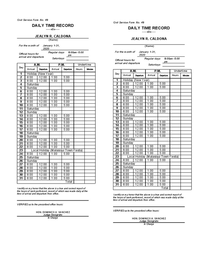 Daily Time Record Daily Time Record: Jealyn R. Caldona Jealyn R ...