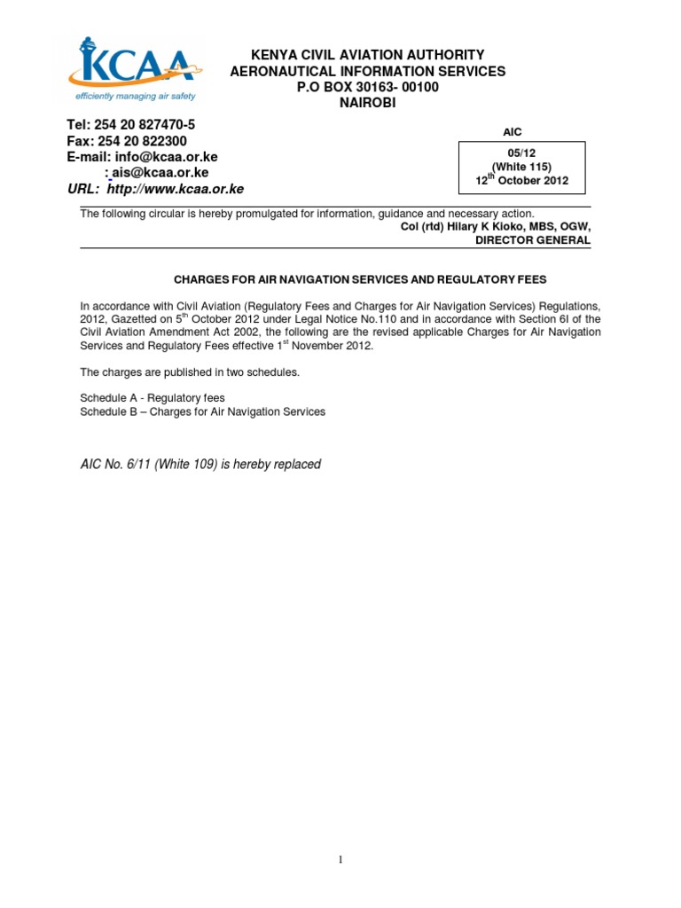 Regulatory Fees and Charges for Air Navigation Services in Kenya | PDF ...