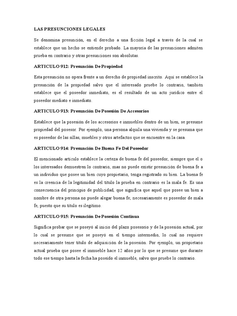 Presunciones Legales | PDF | Posesión (Ley) | Propiedad