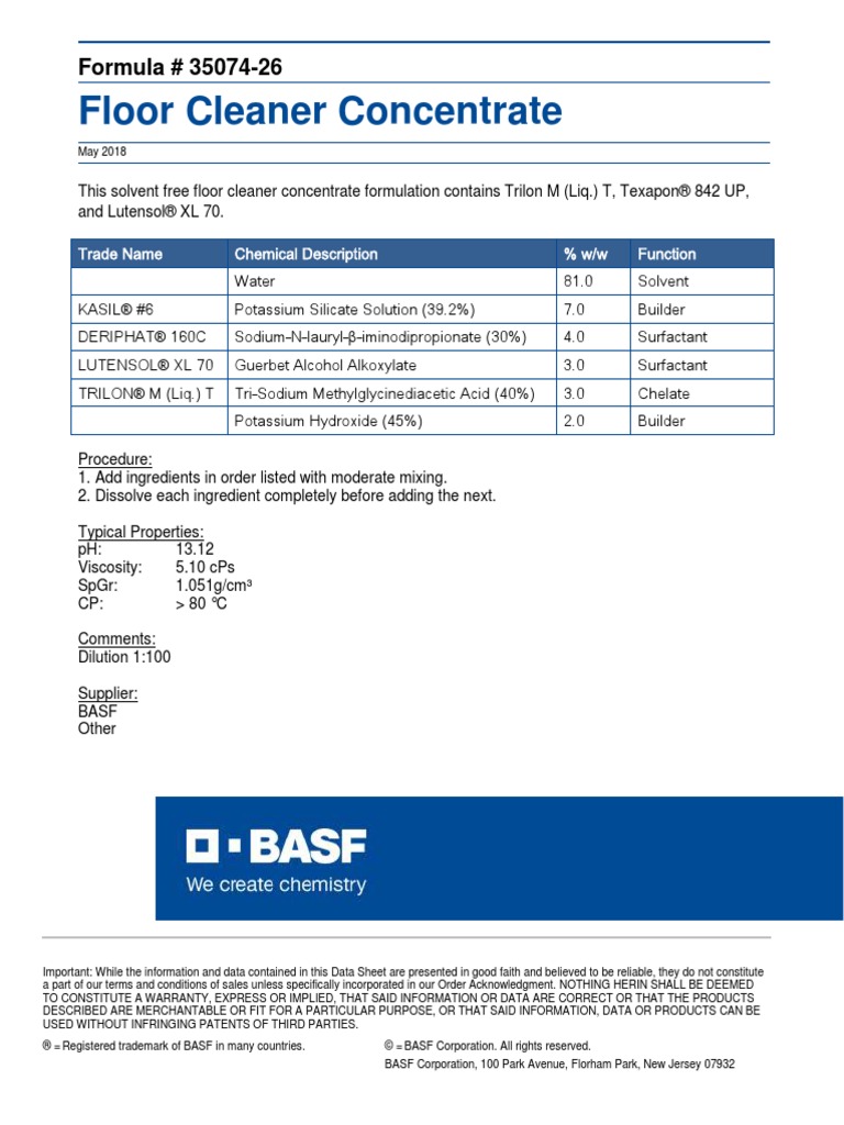 Floor Cleaner Concentrate (Formulation Number 35074-26) PDF | PDF