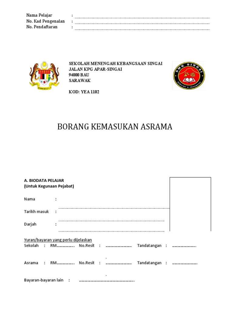 Borang Kemasukan Asrama 2020 | PDF