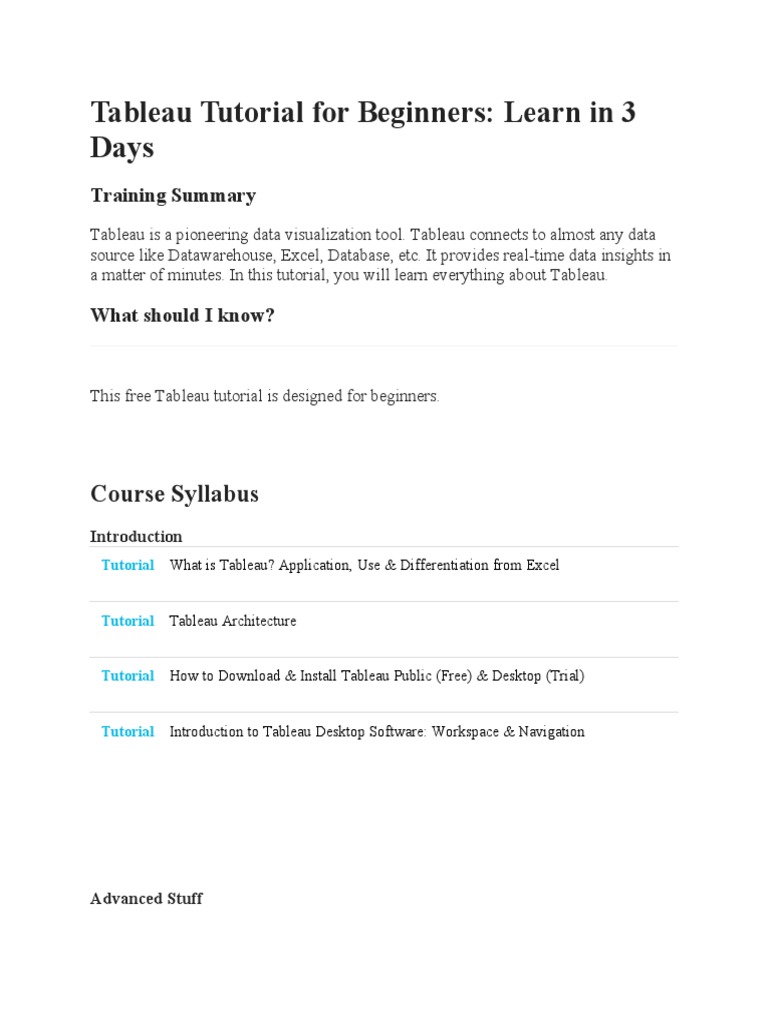 Tableau Tutorial For Beginners: Learn in 3 Days: Course Syllabus | PDF