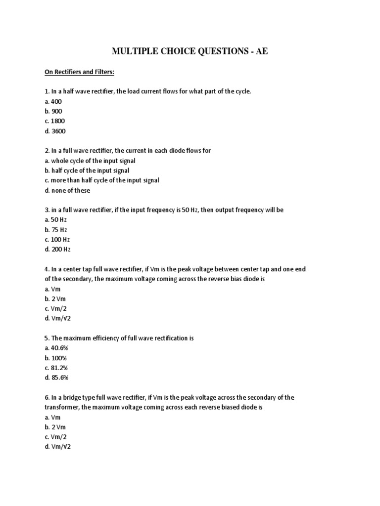 Multiple Choice Questions - Ae: On Rectifiers and Filters | PDF ...