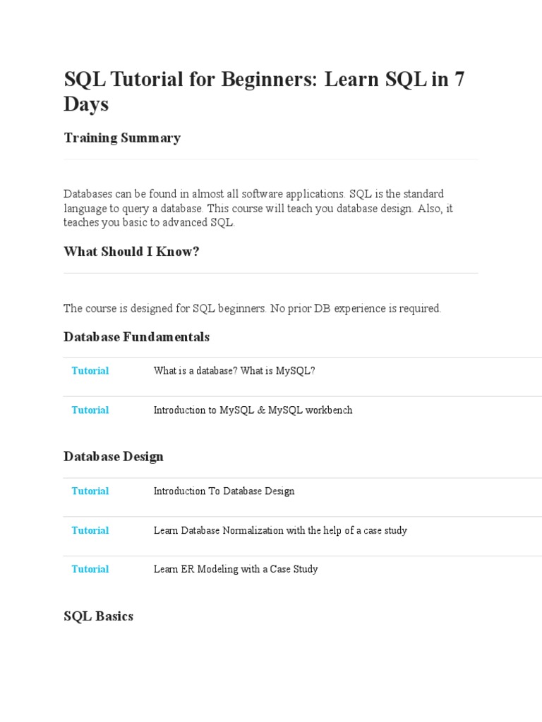 SQL Tutorial For Beginners: Learn SQL in 7 Days: Training Summary | PDF ...