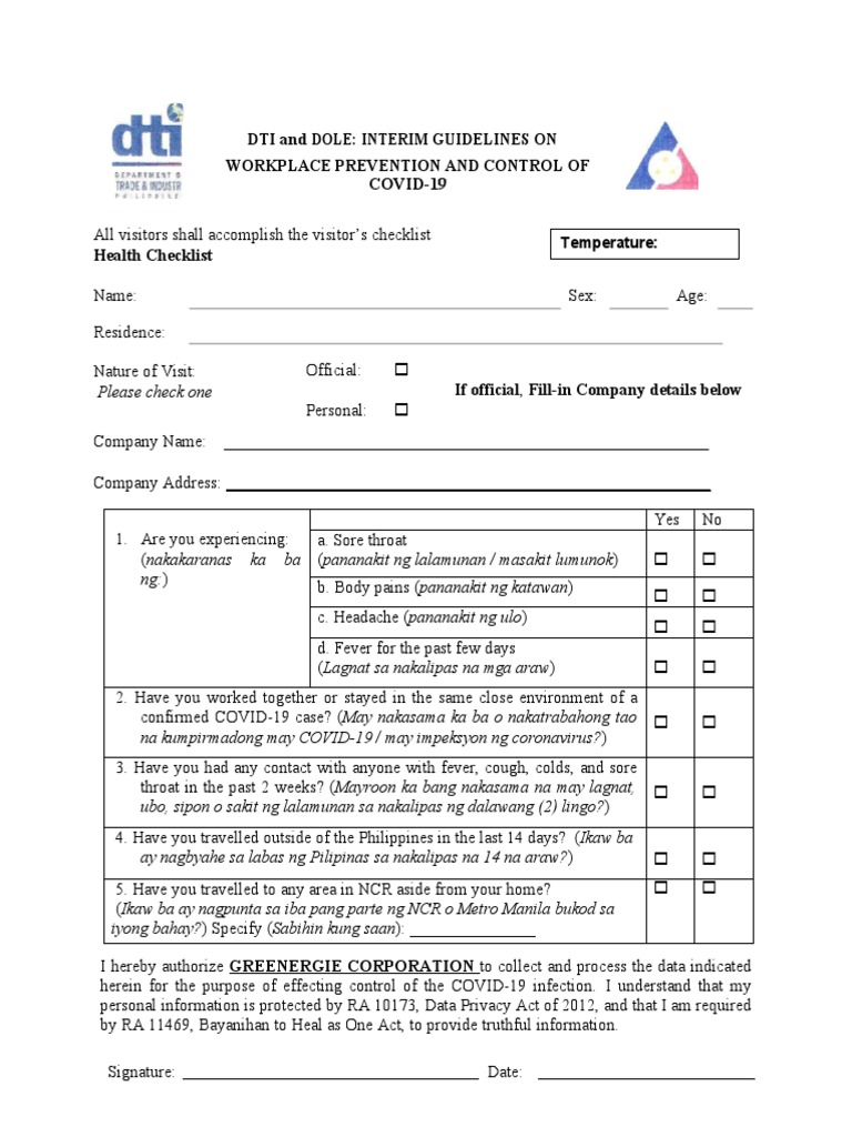 Visitors Health Checklist Form (From DTI and DOLE) | PDF | Health ...