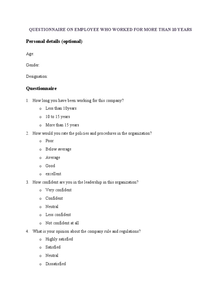 Questionnaire - Employee Retention | PDF | Employee Retention | Likert ...
