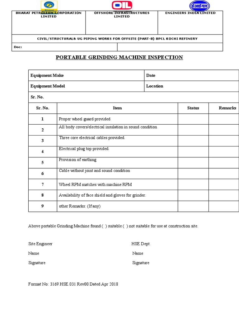 3169.HSE.031-Grinding Machine Inspection | PDF
