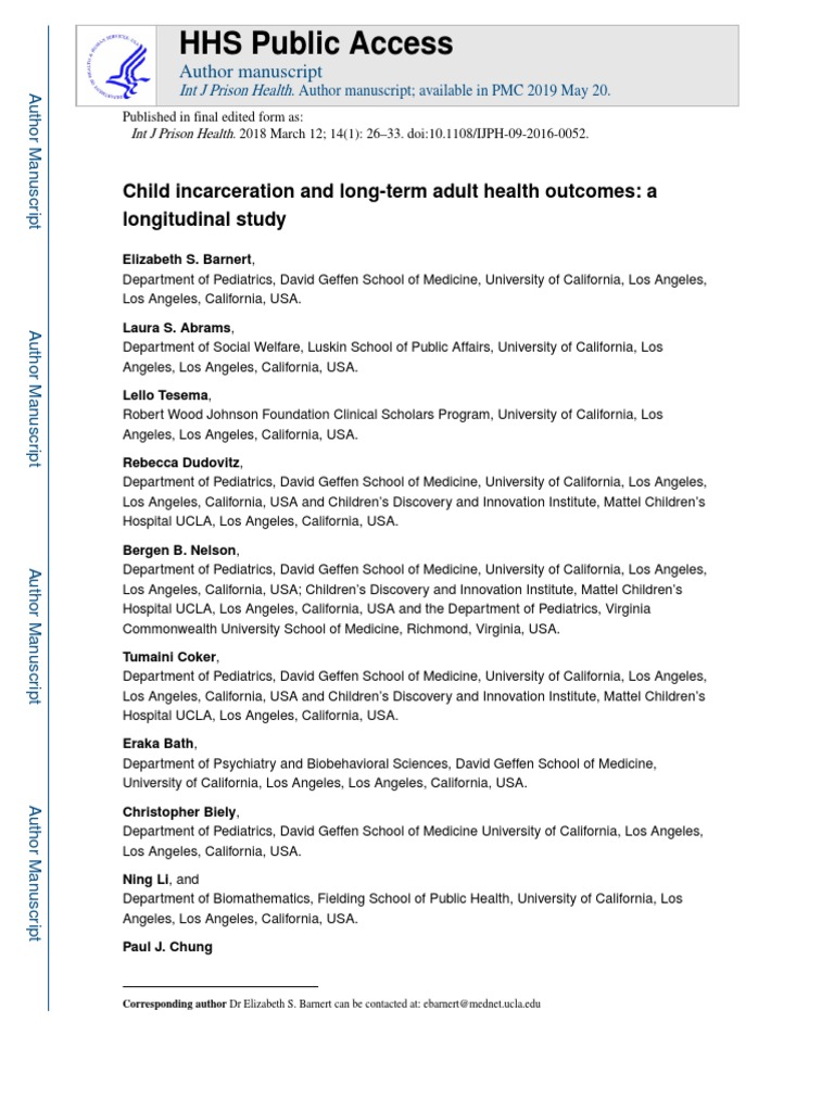 Child Incarceration and Long-Term Adult Health Outcomes A Longitudinal ...