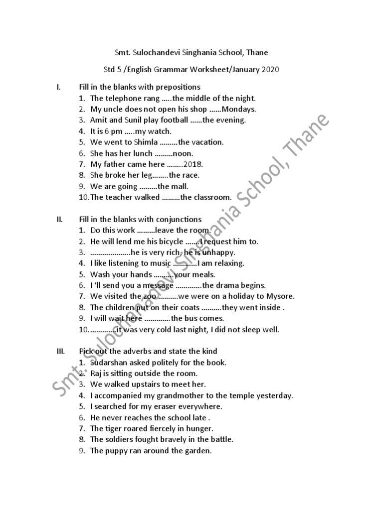 STD 5 English Grammar Worksheet January 2020 | PDF | Language Arts ...
