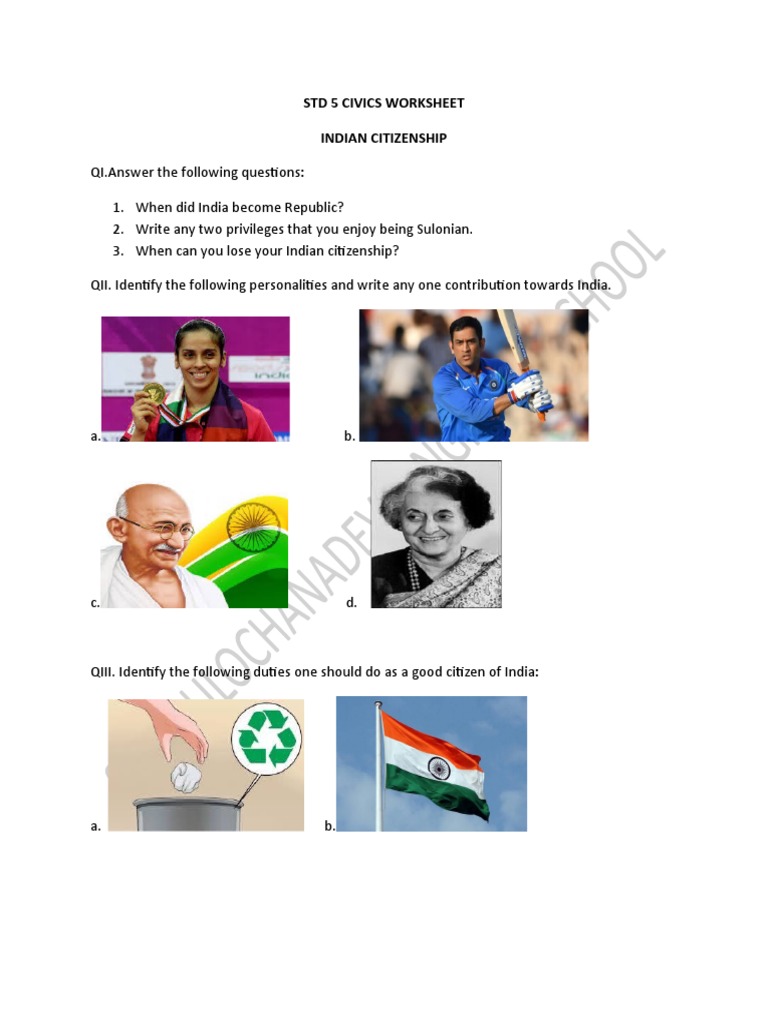 STD 5 Civics Worksheet Indian Citizenship | PDF