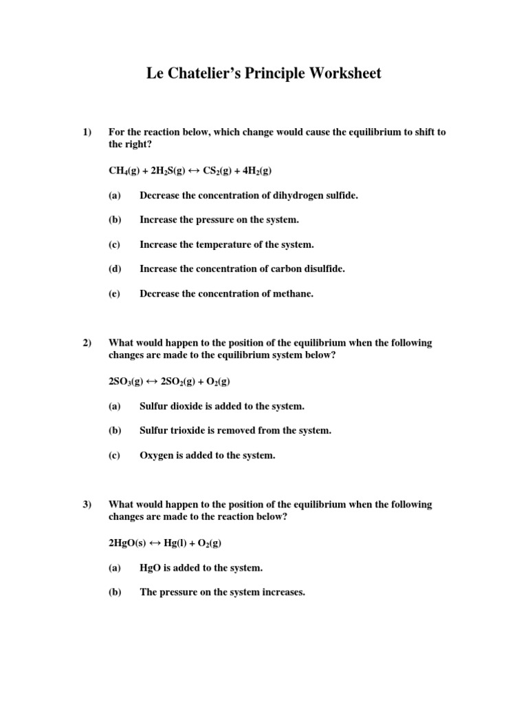 Le Chatelier's Principle Worksheet | PDF | Chemical Equilibrium ...