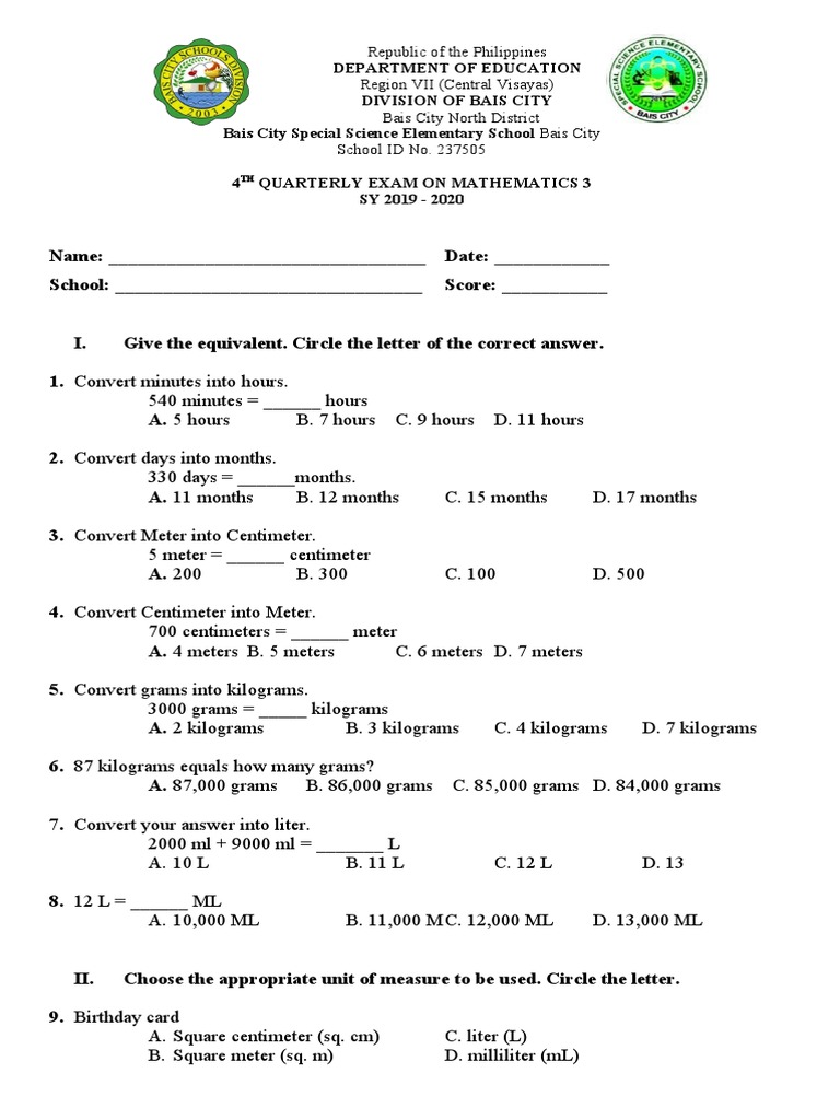 4th QUARTER EXAM 2019-2020 v2 Grade 3 V1 | PDF | Area | Litre