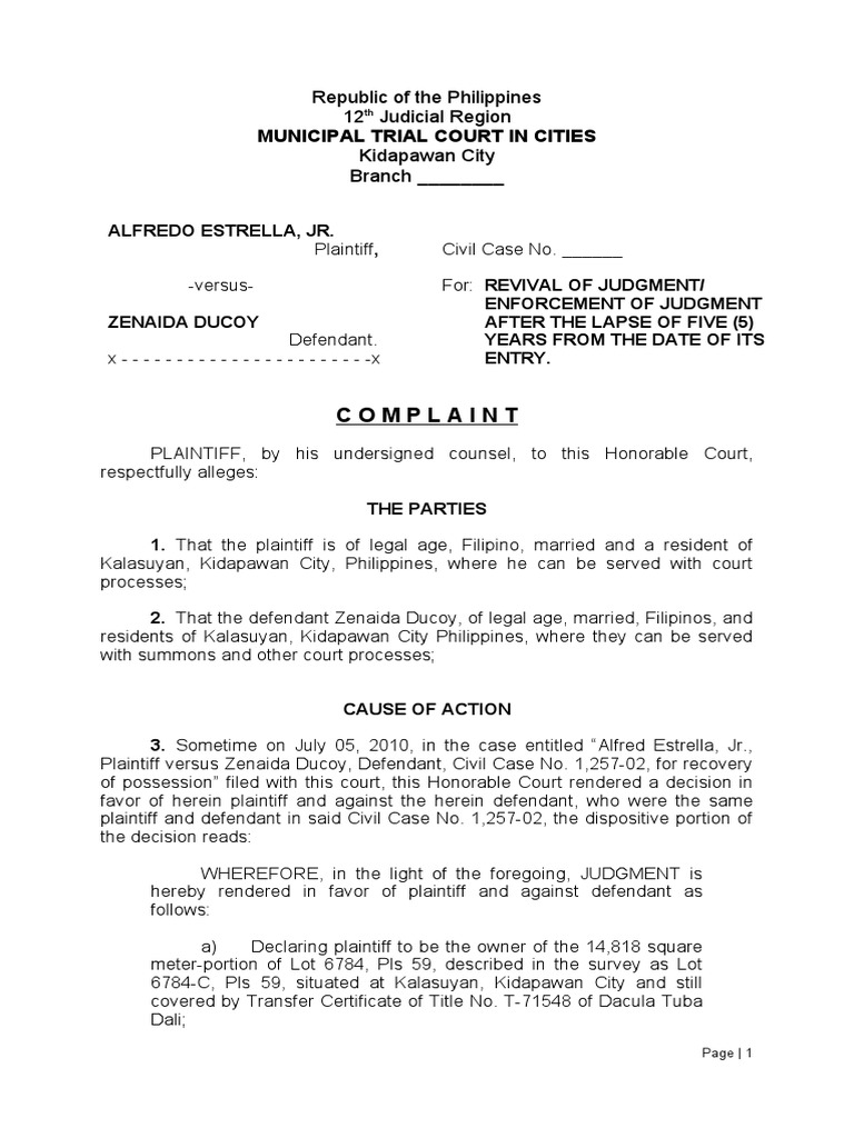 Revival of Judgment Estrella | PDF | Lawsuit | Judgment (Law)