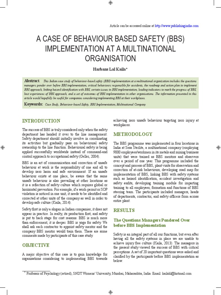 A Case of Behaviour Based Safety (BBS) Implementation at A ...