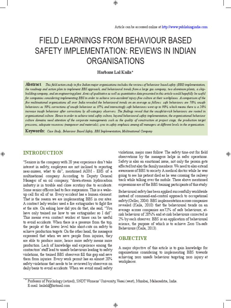 Field Learnings From Behaviour Based Saf | PDF | Safety | Employment