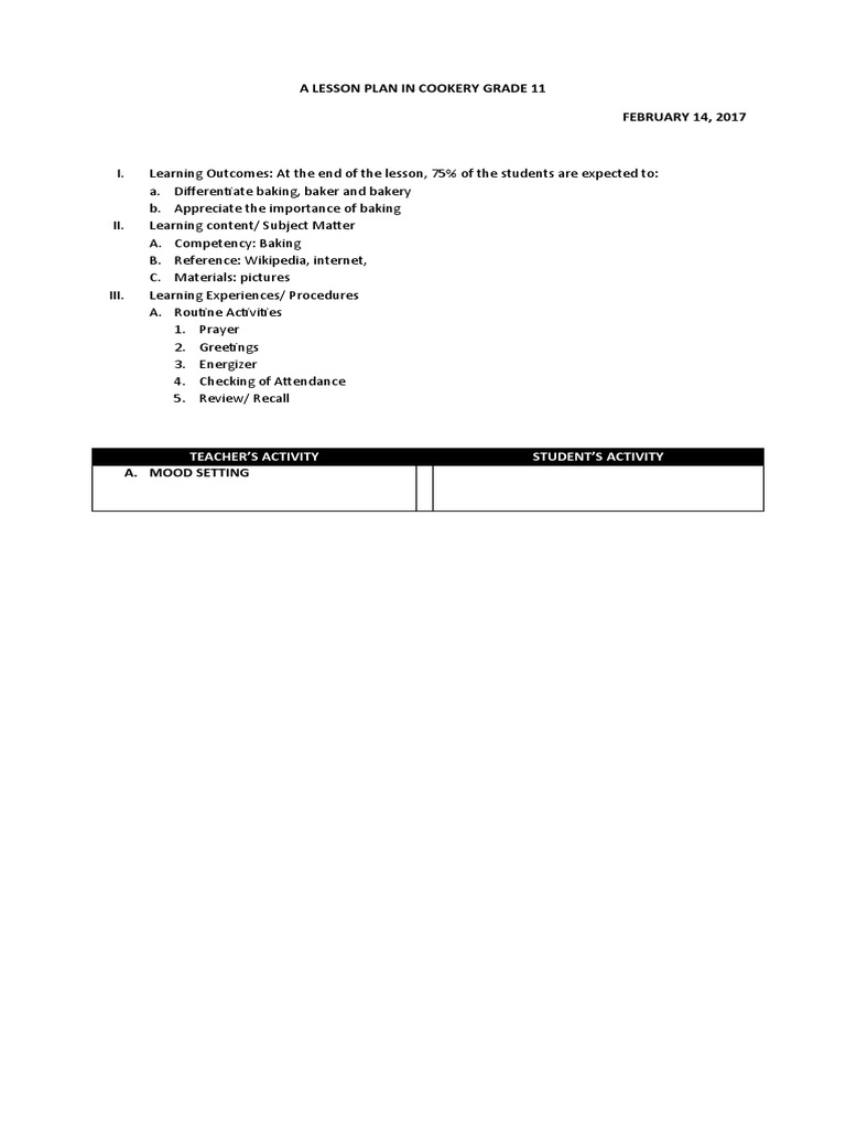 A Lesson Plan in Cookery Grade 11 FEBRUARY 14, 2017: Teacher'S Activity ...