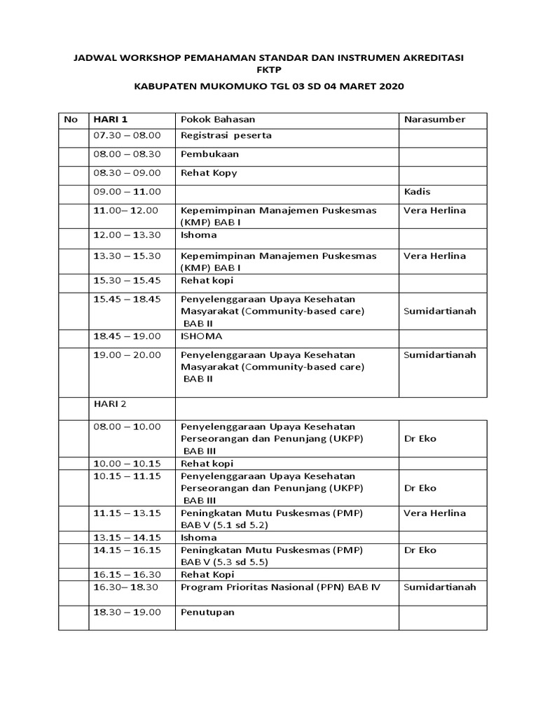 Jadwal Workshop Pemahaman Standar Dan Isntrumen Akreditasi Versi 2018 | PDF | Pengembangan Diri