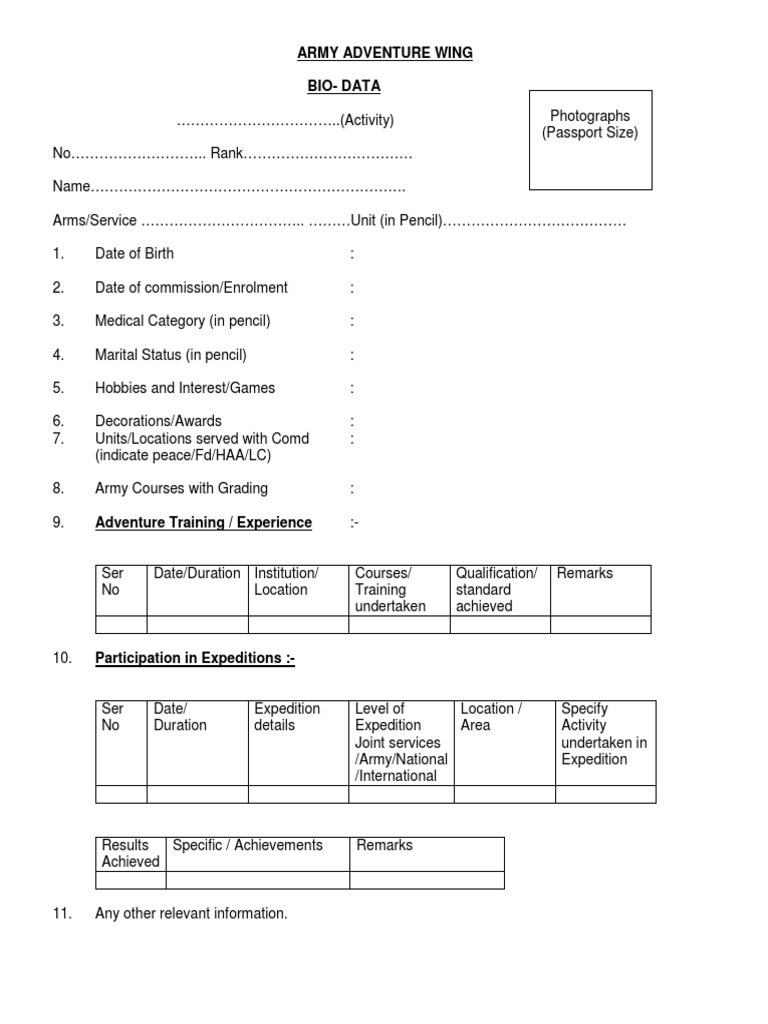 Army Adventure Wing Bio-Data | PDF | Underwater Diving | Leisure